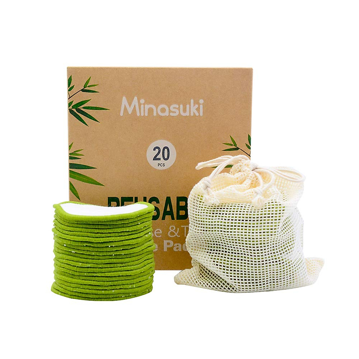 Minasuki 20 Pack Reusable Makeup Remover Pads - Bamboo Reusable Cotton Rounds for Toner, Washable Eco-Friendly Pads for All Skin Types with Cotton Laundry Bag