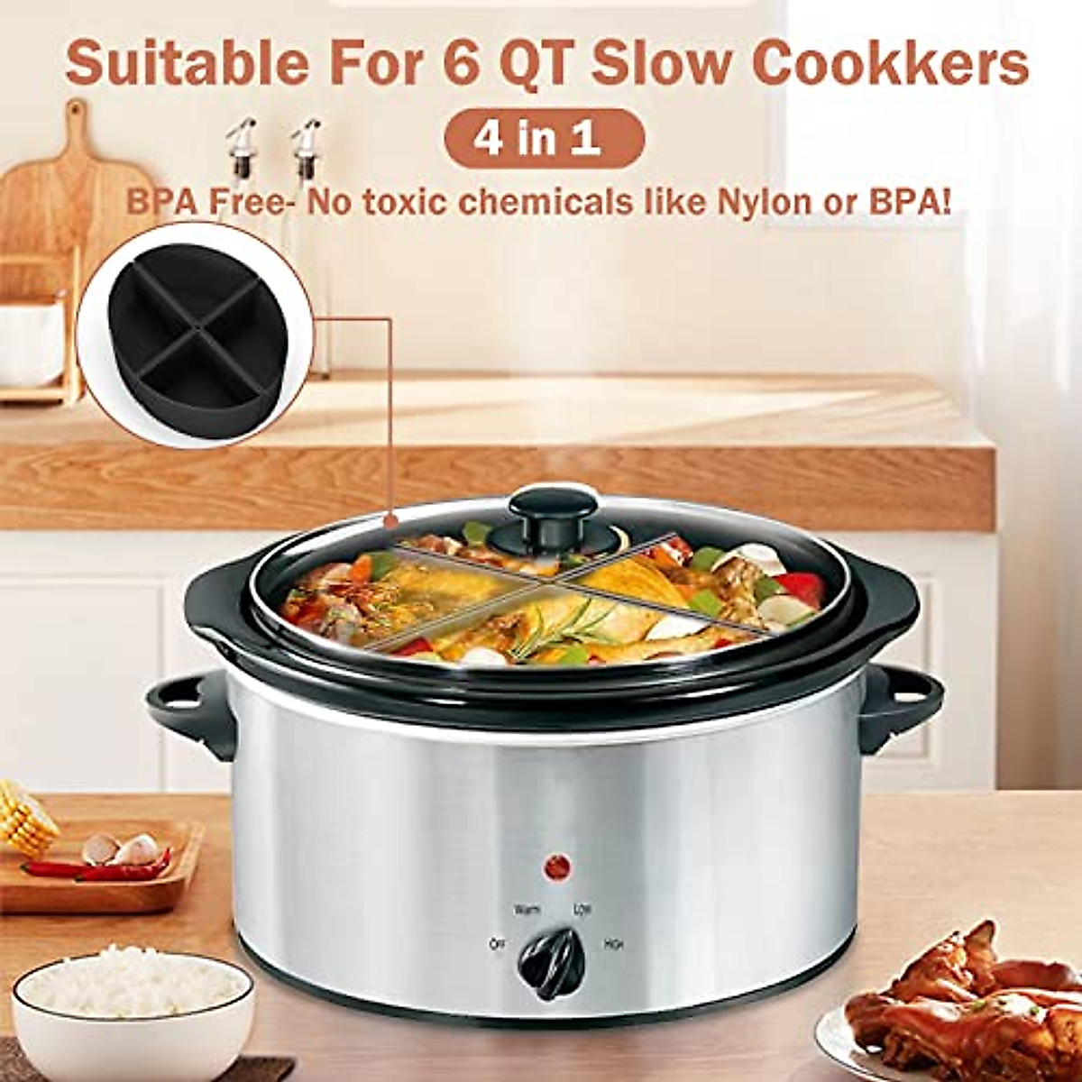 Slow Cooker Divider, 6 QT Silicone Liner, 4 in1 Slow Cooker Liners Reusable & Leakproof Silicone Crock Pot Dividerr Insert, Dishwasher Safe Cooking（Black）