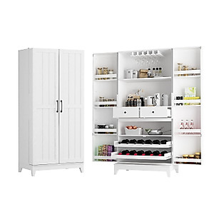 AIEGLE Kitchen Pantry Cabinet with Sliding Tray, 2 Door Freestanding Cupboard Storage Organizer with Drawers, Wine & Seasoning Rack, White 68.9" Tall