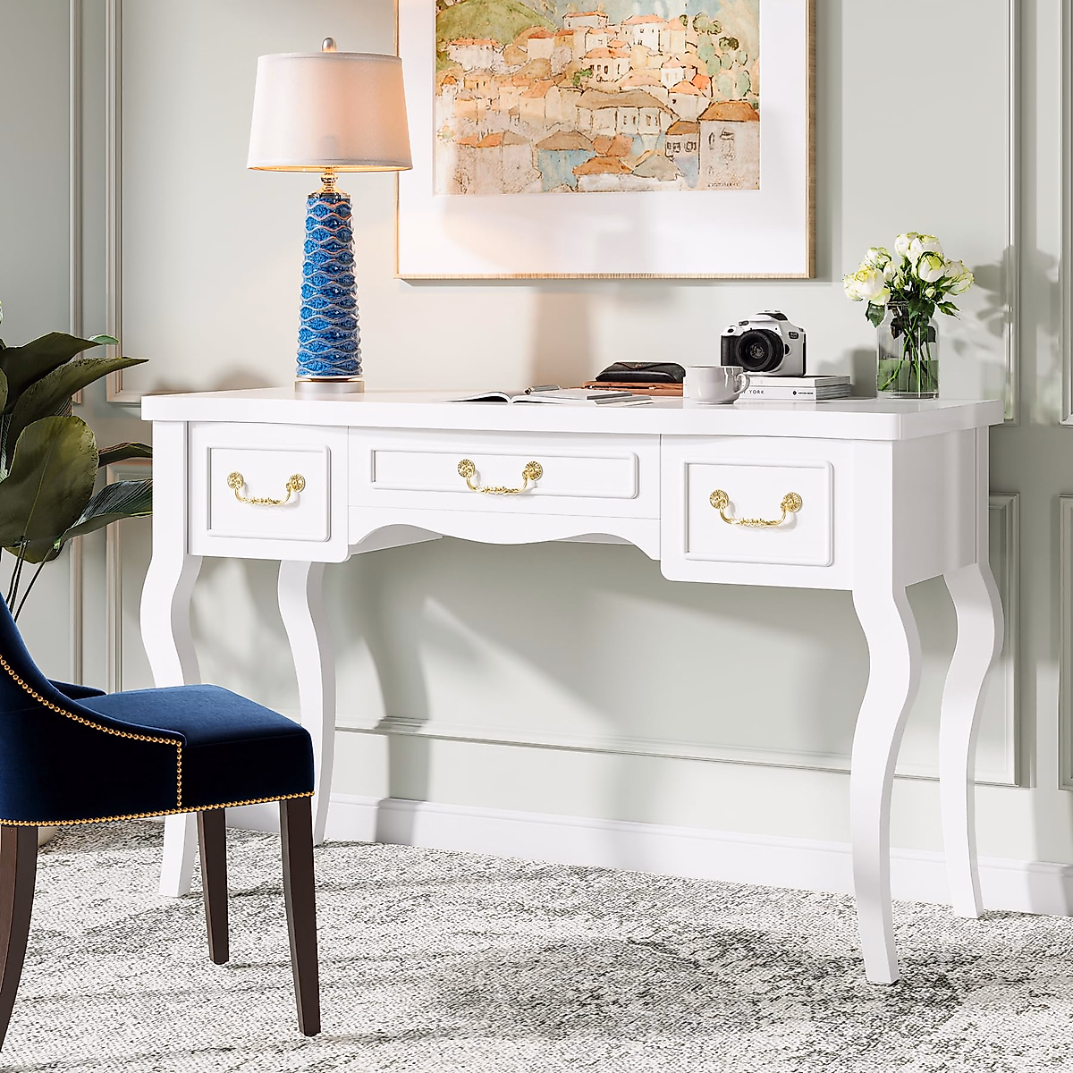 Tribesigns Computer Desk with 3 Drawers, 47-Inch White Home Office Desk with Storage, Antique Wooden Study Writing Table Workstation for Small Space