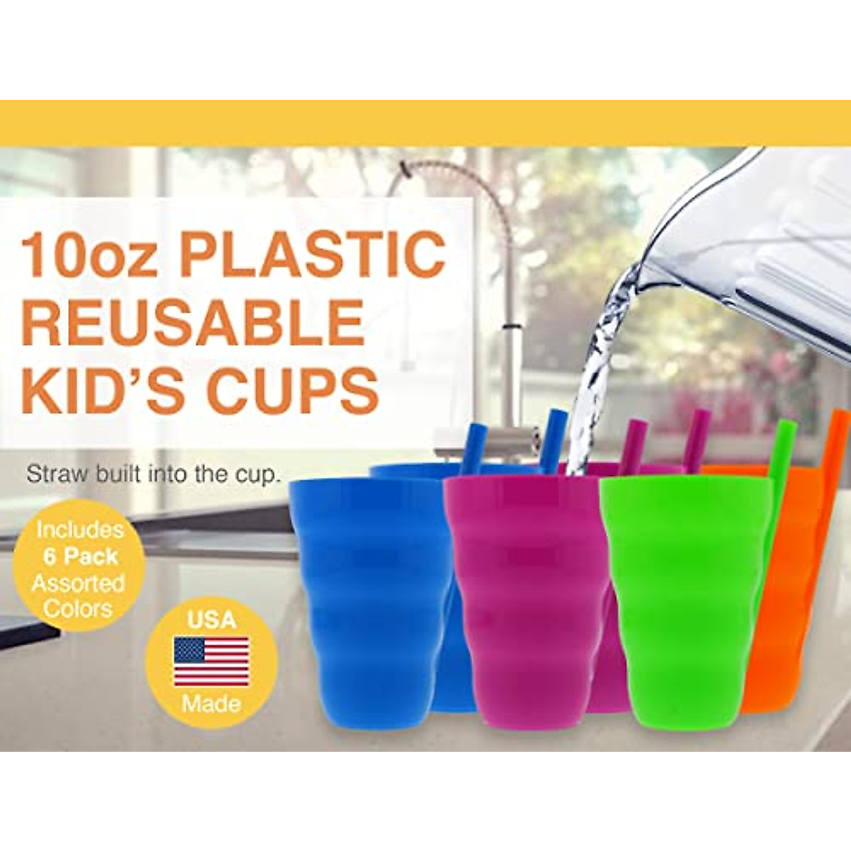 Arrow Home Products Sip A Cup with Built in Straw, 10oz, 6pk - BPA-free Straw Cups for Kids Great for Everyday Use - Made in the USA, Stackable Kids Straw Cups - Purple, Blue, Green, Orange