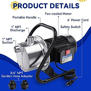 Acquaer 1.5HP Portable Shallow Well Pump Garden Pump, Stainless Steel, 1210GPH, 115V Sprinkler Pump Water Transfer Draining Irrigation Pump for Water Removal/Lawn Garden