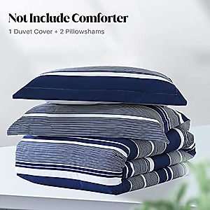 CozyDH Cotton Duvet Cover King - 100% Cotton 400TC Navy Blue Duvet Cover King Size, Soft and Breathable King Duvet Cover Set for All Season, Striped Pattern 3pcs Bedding Set (King, 104"x90")