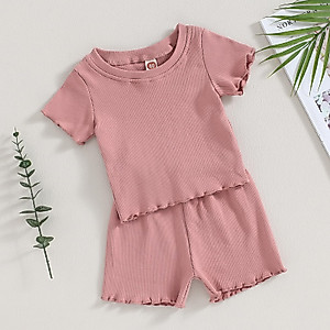 Kupretty 2Pcs Toddlers Baby Girls Summer Clothes Set Ruffle Ribbed Short Sleeves T-Shirt Tops Shorts Comfy Outfits (Pink, 18-24 Months)