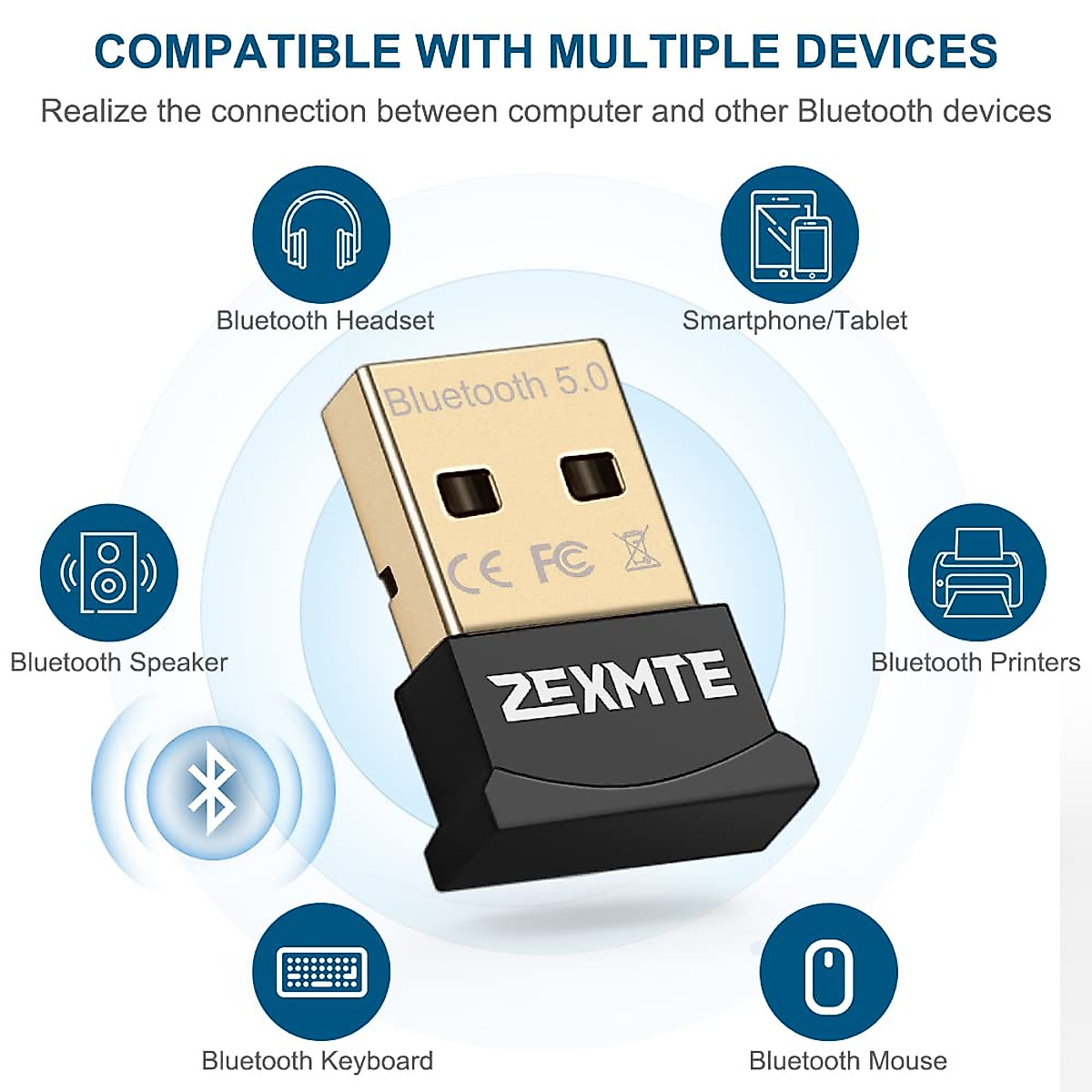 ZEXMTE USB Bluetooth Adapter for PC, 5.0 Bluetooth Dongle Receiver,Bluetooth Adapter for PC Windows 11/10/8/7 for Desktop, Laptop, Mouse, Keyboard, Printers, Headsets, Speakers