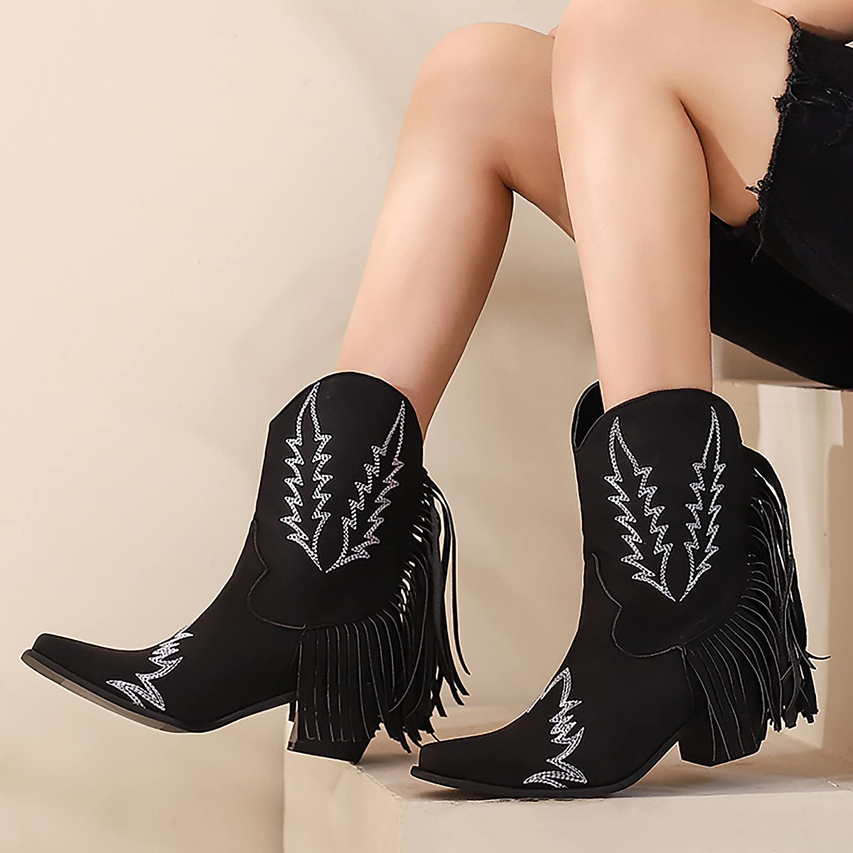 women boots cowgirl vintage fringed western cowboy solid slip on outdoor chunky heel booties shoes low heel side zipper brown cowgirl boots for women chelsea boots