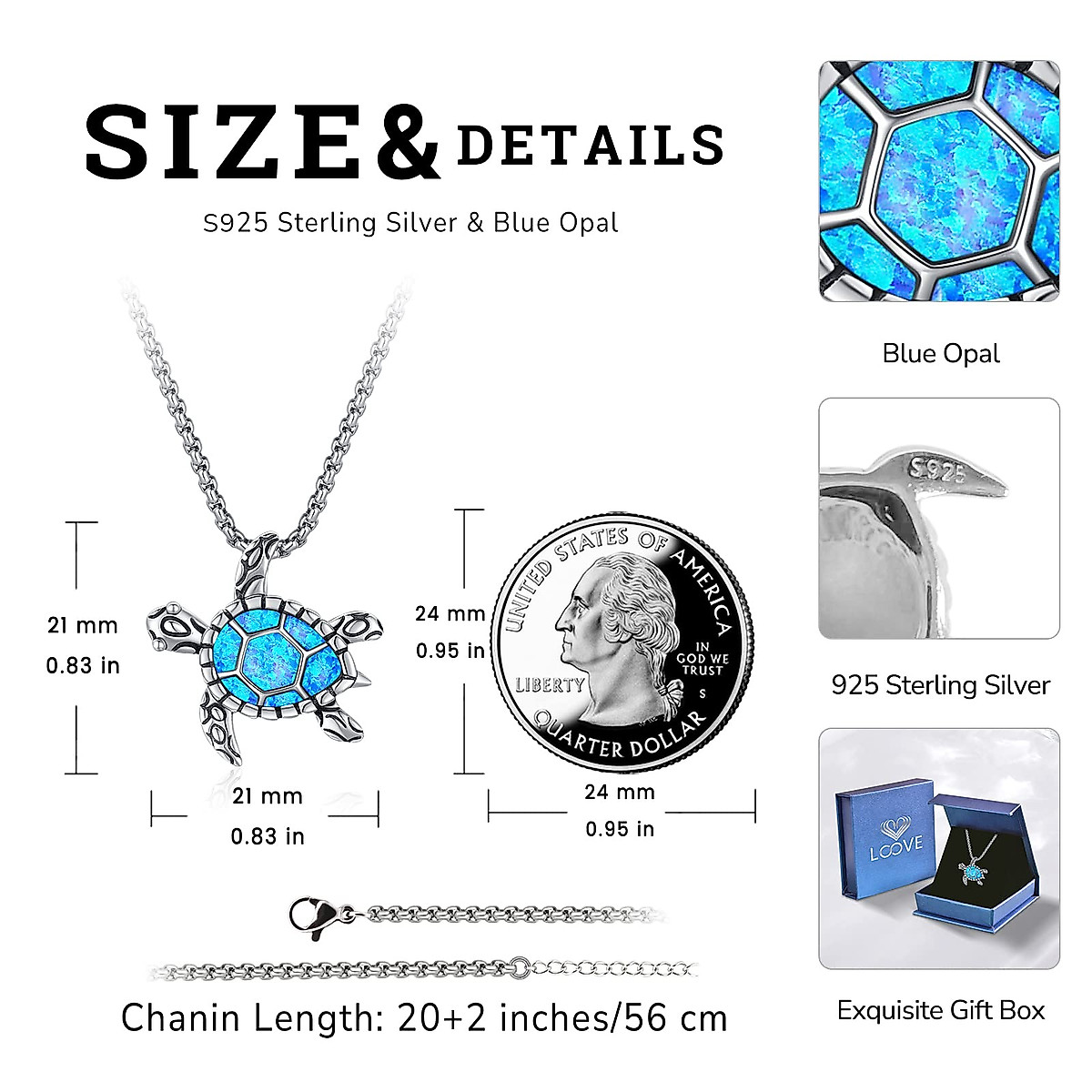 LOOVE Animal Necklace 925 Sterling Silver Turtle Necklace for Women Blue Opal Sea Turtle Pendant Cute Turtle Jewelry
