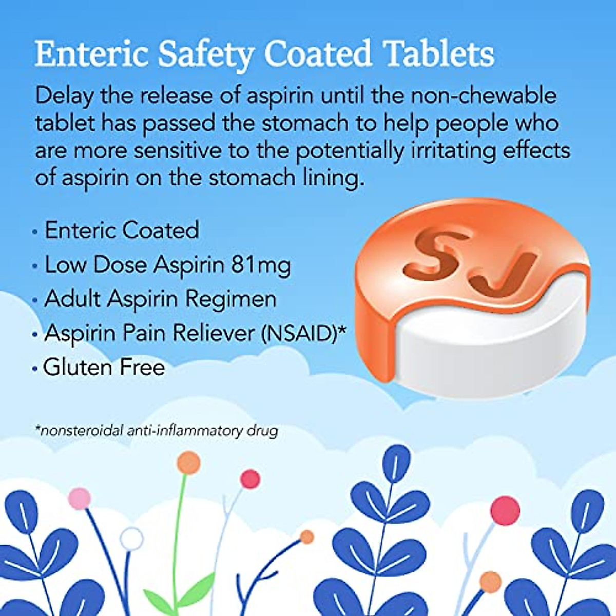 St. Joseph Aspirin Pain Reliever (NSAID) 81mg, Enteric Safety Coated, Adult Low Dose Regimen, 365 ct (1 Year Supply)