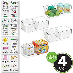mDesign Plastic Craft & Sewing Storage Organizer Bin Box - 2 Divided Sections - Holder for Holds Paint, Colored Pencils, Glitter, Stickers, Glue, Yarn - 4 Pack + 24 Adhesive Labels - Clear