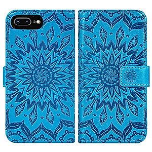 Phone Case for iPhone 7plus 8plus 7/8 Plus Wallet Cases with Tempered Glass Screen Protector Leather Flip Cover Card Holder Stand Cell Accessories i Phone7s 7s + 7+ 8s 8+ Phones8 Women Men Blue