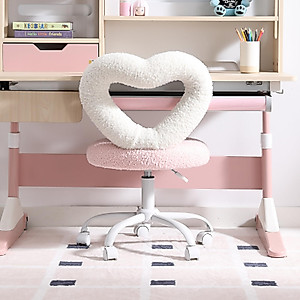 DUOMAY Faux Fur Kids Desk Chair, Heart Back Upholstered Computer Chair for Boys and Girls Cute Swivel Height Adjsutable Study Arm Chair for Child Home Bedroom, Pink & White
