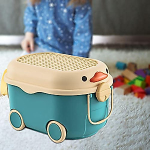 Qianly Cartoon Duck Shape Storage Box with Wheels Organizer Bin Container Baby Clothes Storage Case Portable for Household Nursery Kids Bedroom, Blue Middle