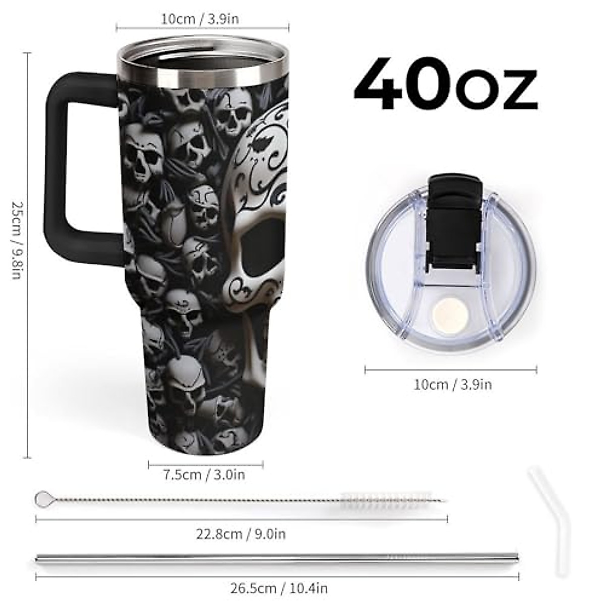 Black And White Skulls Insulated Stainless Steel Travel Mug, 40 Oz Tumbler with Handle And Straw Double-Wall Vacuum Coffee Cup, Leak-Proof Lid, Keeps Drinks Hot/Cold for Hours