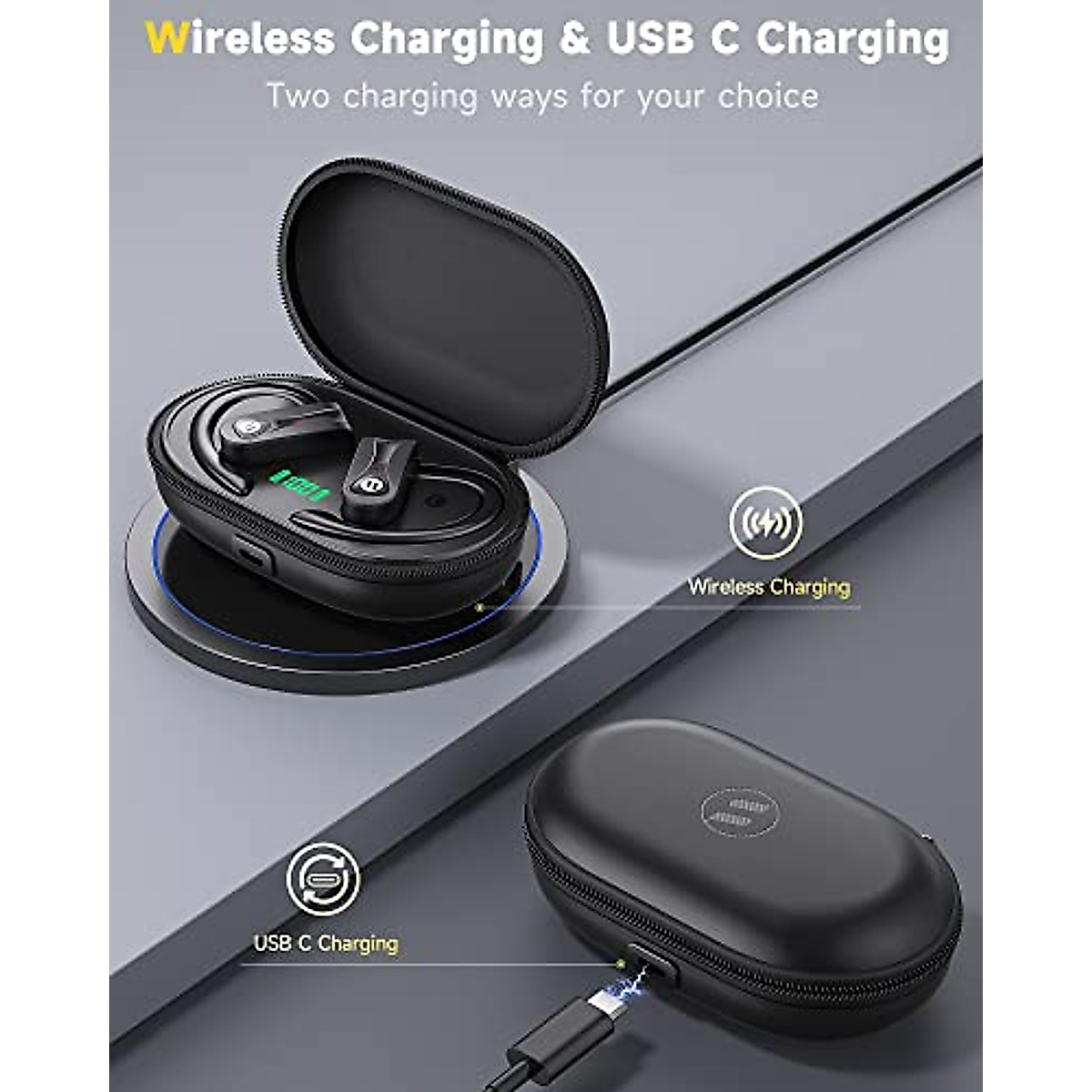 Bluetooth Headphones Noise Canceling 4 Mics Clear Call Stereo Bass Sound 60H Playtime Wireless Charging Case Over Ear Earphones LED Digital Display Headset with Earhooks for Sports Running Workout Gym