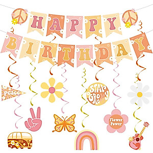 Groovy Party Banners Boho Happy Birthday Party Decorations Daisy Flower Hanging Swirls Retro Hippie Party Ceiling Streamers for Two Groovy Retro Girls Party Supplies Baby Shower Party Supplies