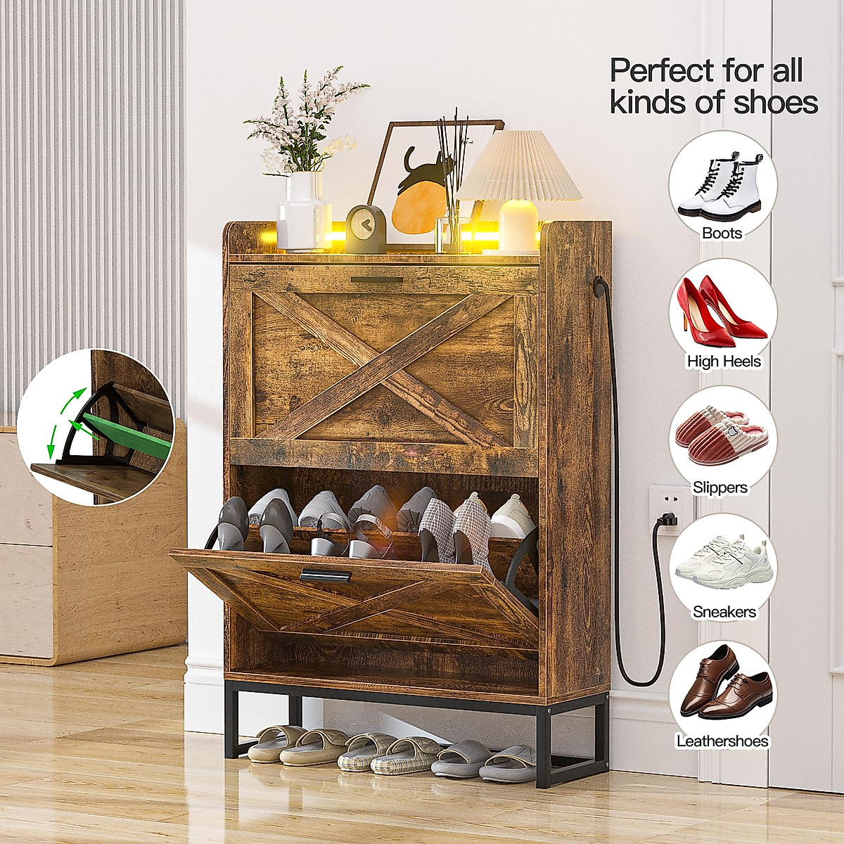 HAIOOU 2 Drawer Industrial Shoe Cabinet, Slim Freestanding Wood Shoe Rack Storage Organizer Stand with Flip Doors, Open Storage Shelf, Anti Toppling for 15-18 Pairs Rustic Brown