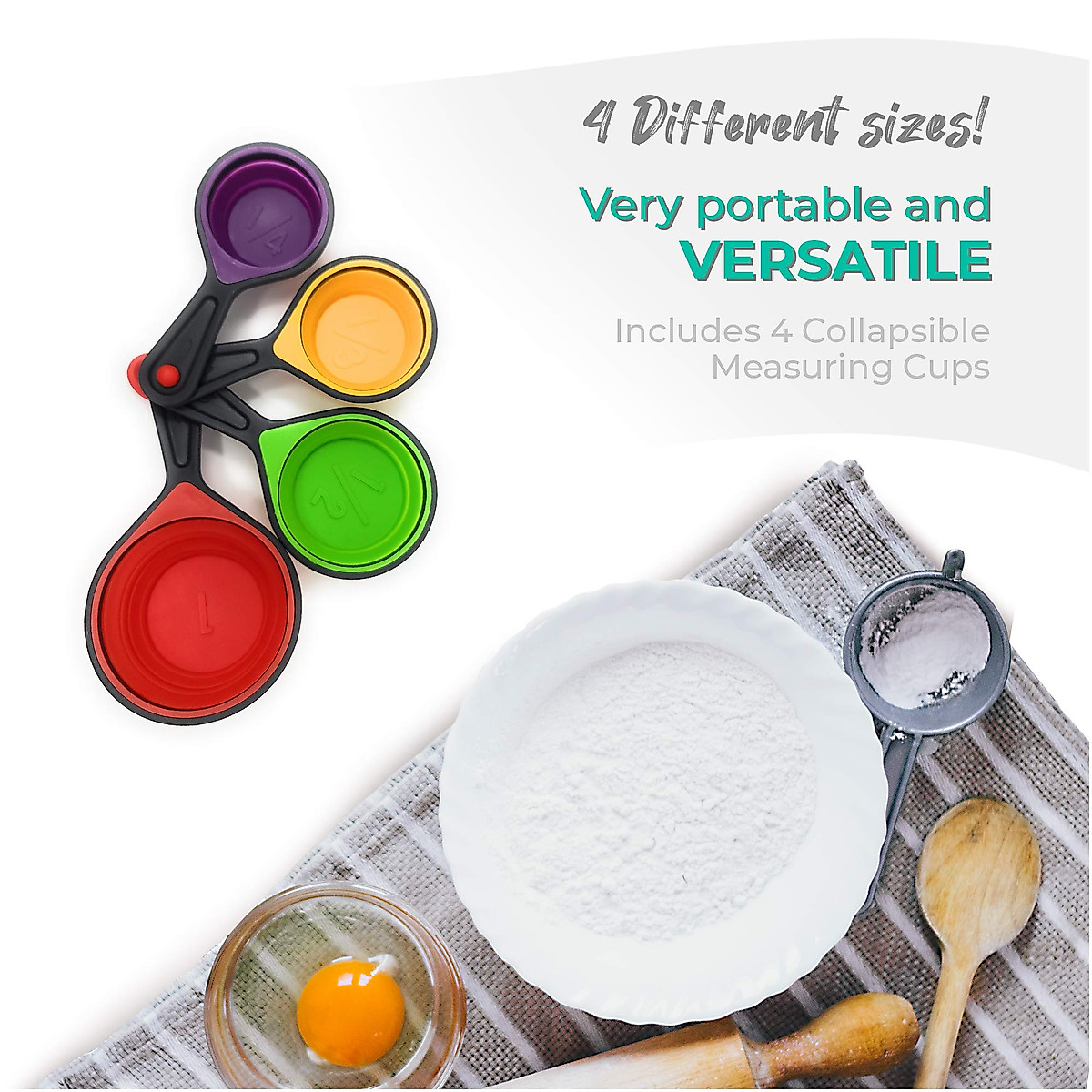 Collapsible Silicone Food Storage Containers - 16 Pcs Set with Lids Made by Silictek - Food Grade Travelling Measuring Cups - Measuring Spoons & Sporks- Portable & BPA Free - 4x Each