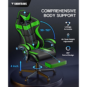 Soontrans Green Gaming Chair with Footrest,Racing Gaming Chair,Computer Gamer Chair,Ergonomic Game Chair with Adjustable Headrest and Lumbar Support(Jungle Green)