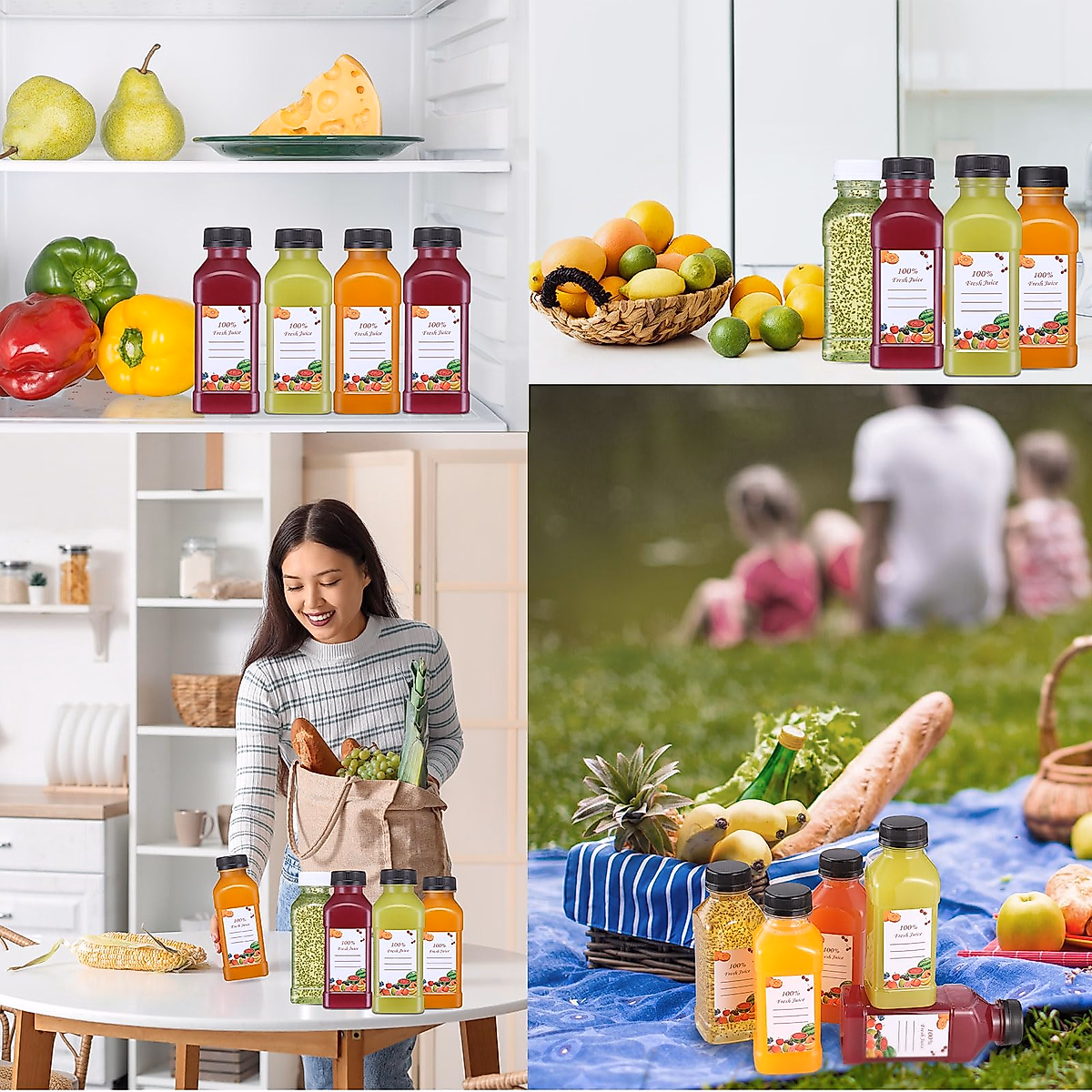 LIYAR 12oz Plastic Bottles with Caps 35 Pack Juice Bottles Reusable Juice Containers Leak-Proof Smoothie bottle with Labels for Drinking,Juicing,Milk,Water(White Lids+Black Lids)