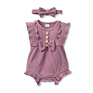 YALLET Newborn Baby Girls Clothes 0-18M Infant Girl Outfits Cute Little Girl Jumpsuit Button Solid Color Romper + Headband