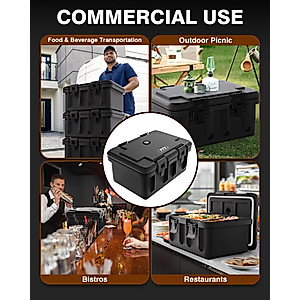 PYY Insulated Food Pan Carrier - 36QT Hot Box Food Warmer Box Stackable Top Load LLDPE Commercial Food Warmers with Three 1/3 Size PC Food Pans 4 Buckles for Restaurant Canteen Buffet Party Black