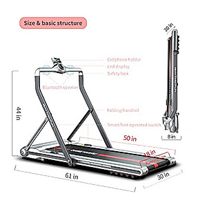 RHYTHM FUN Treadmill 2-in-1 Folding Treadmill Under Desk Walking Treadmill with Foldable Handrail Wide Tread Belt Super Slim Mini Quiet Home Treadmill with Smart Remote Control and Workout App（Sliver）