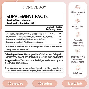 Biomeology Probiotics for Pregnancy, Postpartum, and Breastfeeding | Supports Digestive and Immune Health for Mom and Baby | Morning Sickness Relief | Take with Prenatal Vitamins | 30 Capsules