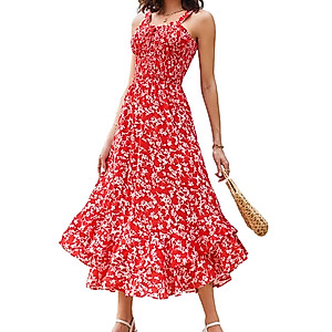 GRACE KARIN Women's 2025 Summer Floral Boho Dress Square Neck Strapped Swing A Line Sundress Beach Long Maxi OutfitsRed L