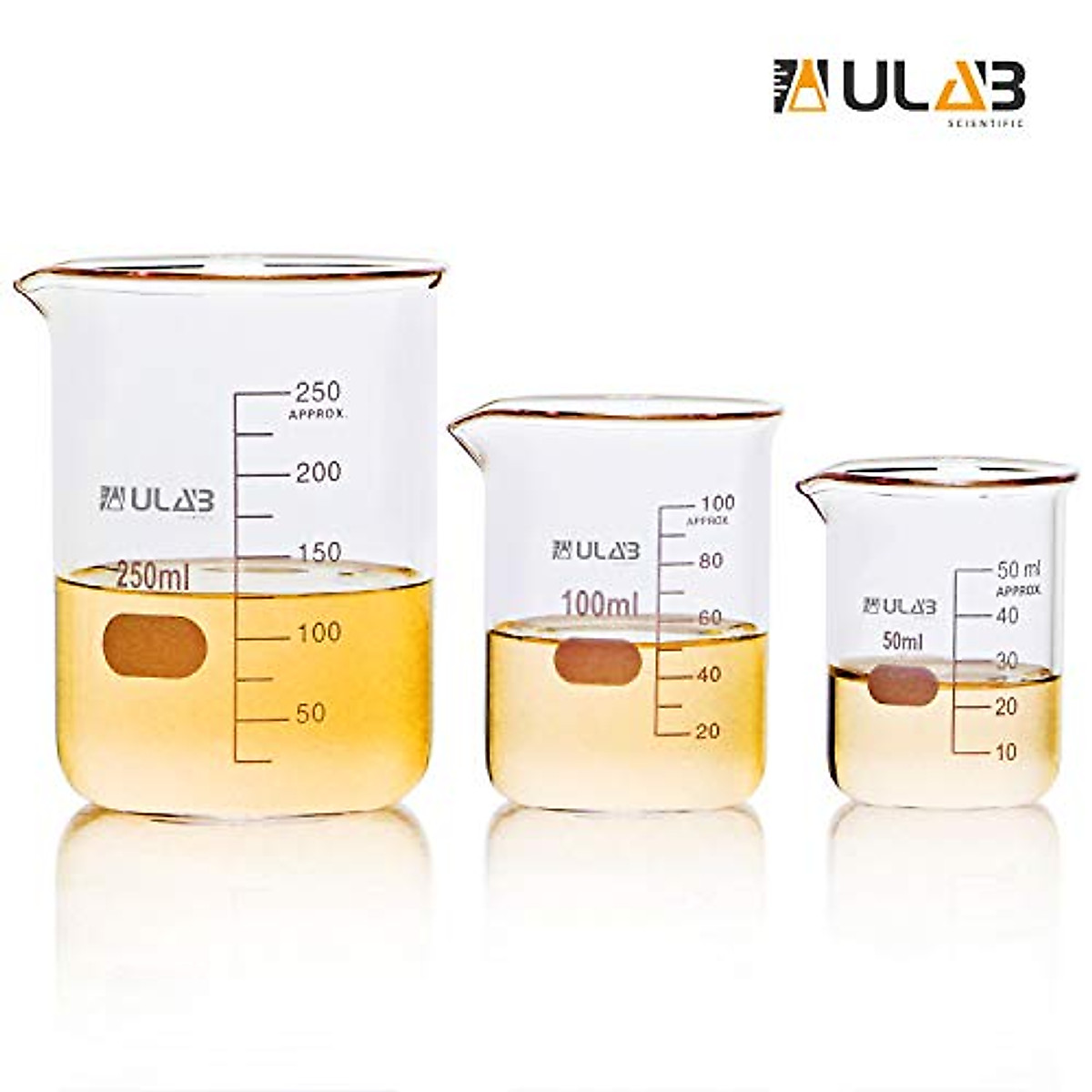 ULAB Scientific Glass Beaker Set, 3 Sizes 50ml 100ml 250ml, 3.3 Boro Griffin Low Form with Printed Graduation, UBG1001