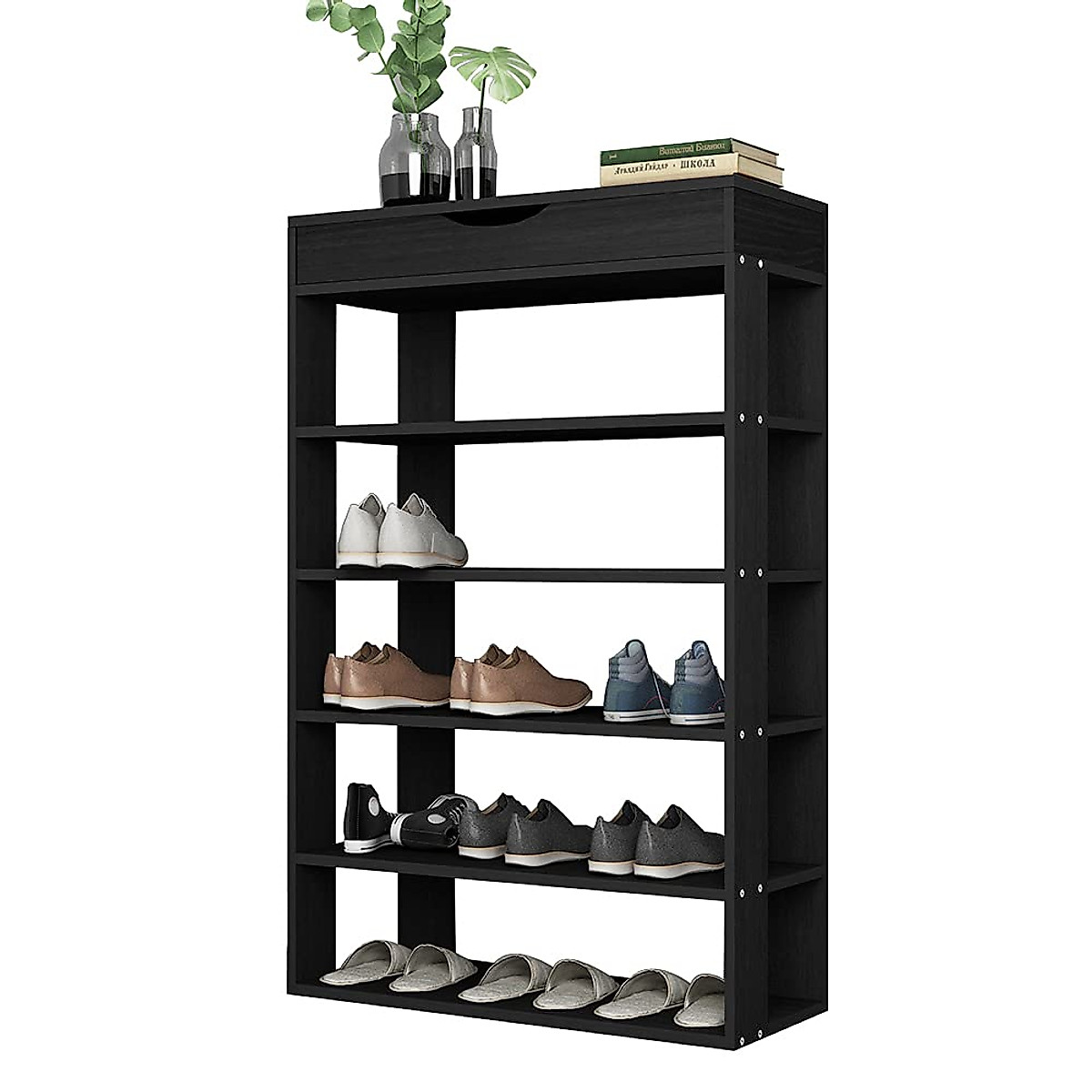 SogesPower Free Standing Shoe Racks 5-Tier Wooden Shoe Rack 29.5 inches Shoe Organizer with Flip Top Shoe Storage Shelf, Black