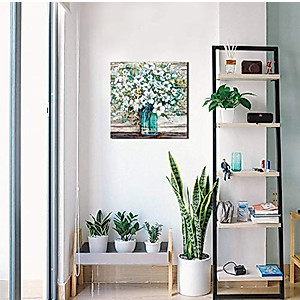 3LDECOR Country Style Canvas Wall Art Teal Blue Mason Bottle White Flower Rustic Wall Decor Art Hanging in The Bedroom Bathroom Living Room Dining Room Office Fireplace Kitchen Murals Decor