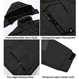 TREKEK Men's Winter Ski Rain Warm Fleece Waterproof Outdoor Mountain Hiking Windbreaker Hooded Snow Coat, Black, X-Large