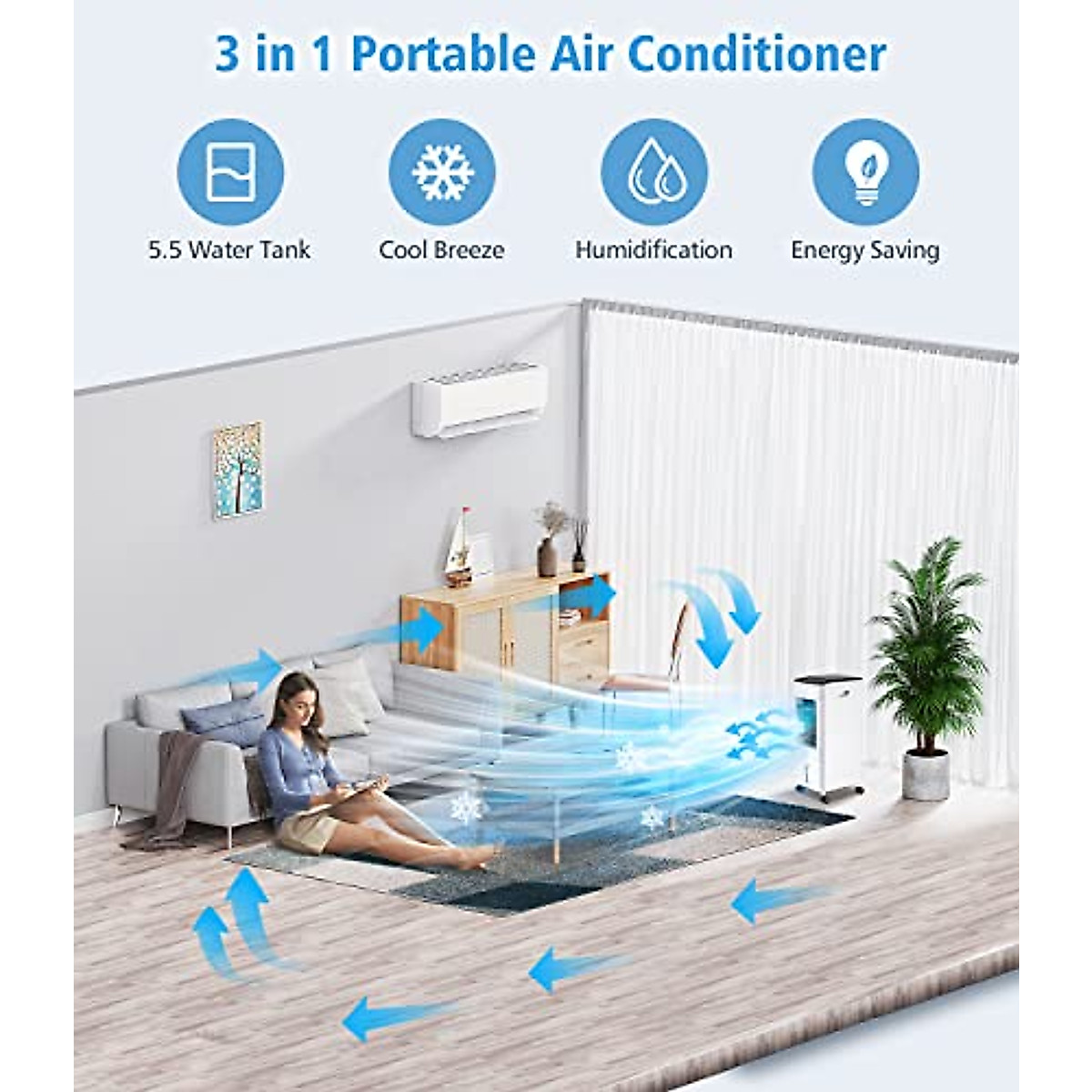 Portable Air Conditioners, Air Conditioner Portable, 3-In-1 Air Conditioners with 3 Wind Speeds & Remote Control, 60°Rotation, Air Conditioner Portable for Room Office Home
