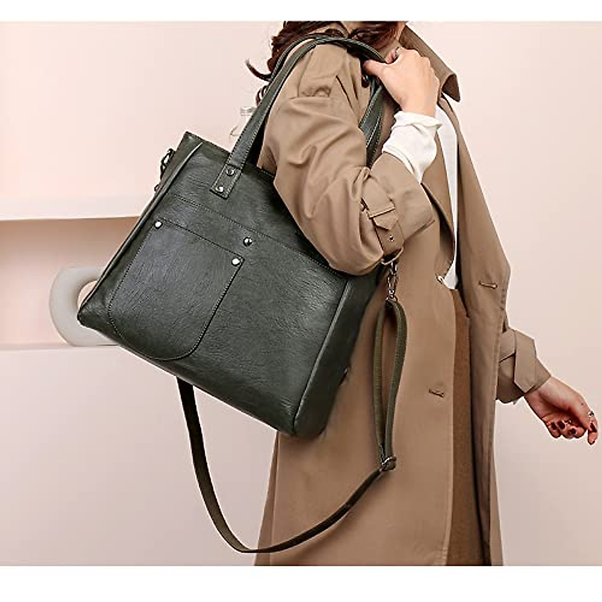 Downupdown Women Handbags and Purse Set Soft Leather Shoulder Bags Medium Satchel Minimalist Ladies Tote Bag Crossbody Bag 2-Pcs-Green