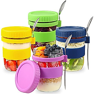 Koncifun 4 Pack Overnight Oats Containers with Lids and Spoons 16oz Glass Mason Overnight Oats Jars, Food Storage Jars Containers for Milk, Cereal, Fruit, Vegetable Salad