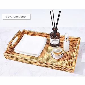 Large Rattan Tray with Rattan Coasters - Premium Flat Rectangular Serving Tray with Handles, Wicker Basket Tray 17''x11.4''x2'' Hand Woven Decorative Bed Tray for Coffee Table, Boho Tray by LYSCO