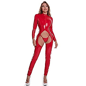 ACSUSS Women Sexy Hollow Out Latex Catsuit PVC Exotic Costume Lingerie Full Bodysuit Clubwear Overalls 2# Red 3X-Large
