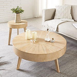 Gexpusm 2-Piece Solid Wood Coffee Table Set, Rustic Round Farmhouse End Tables for Living Room, 31x31x16 in, Light Brown