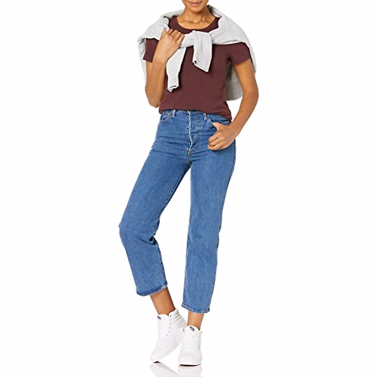 Amazon Essentials Women's Classic-Fit Short-Sleeve Crewneck T-Shirt, Pack of 2, Burgundy/Navy, Large