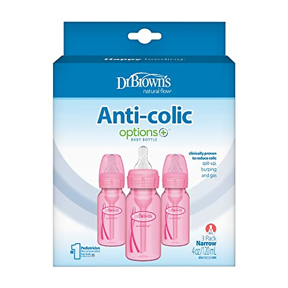 Dr. Brown’s Natural Flow® Anti-Colic Options+™ Narrow Baby Bottles 4 oz/120 mL, with Level 1 Slow Flow Nipple, 3 Pack, 0m+ Pink