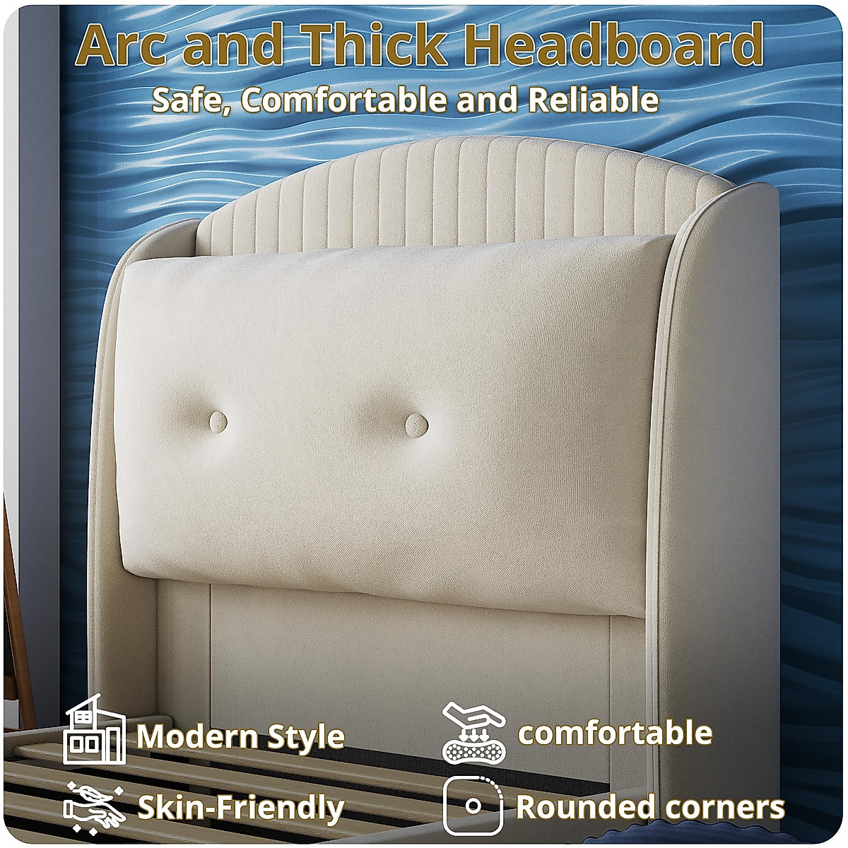 LIKIMIO Twin Size Bed Frame, Velvet Upholstered Twin Bed with Fabric Headboard Modern Wingback Bed Sofa-Style Cushions, No Box Spring Needed, Easy to Assemble, White