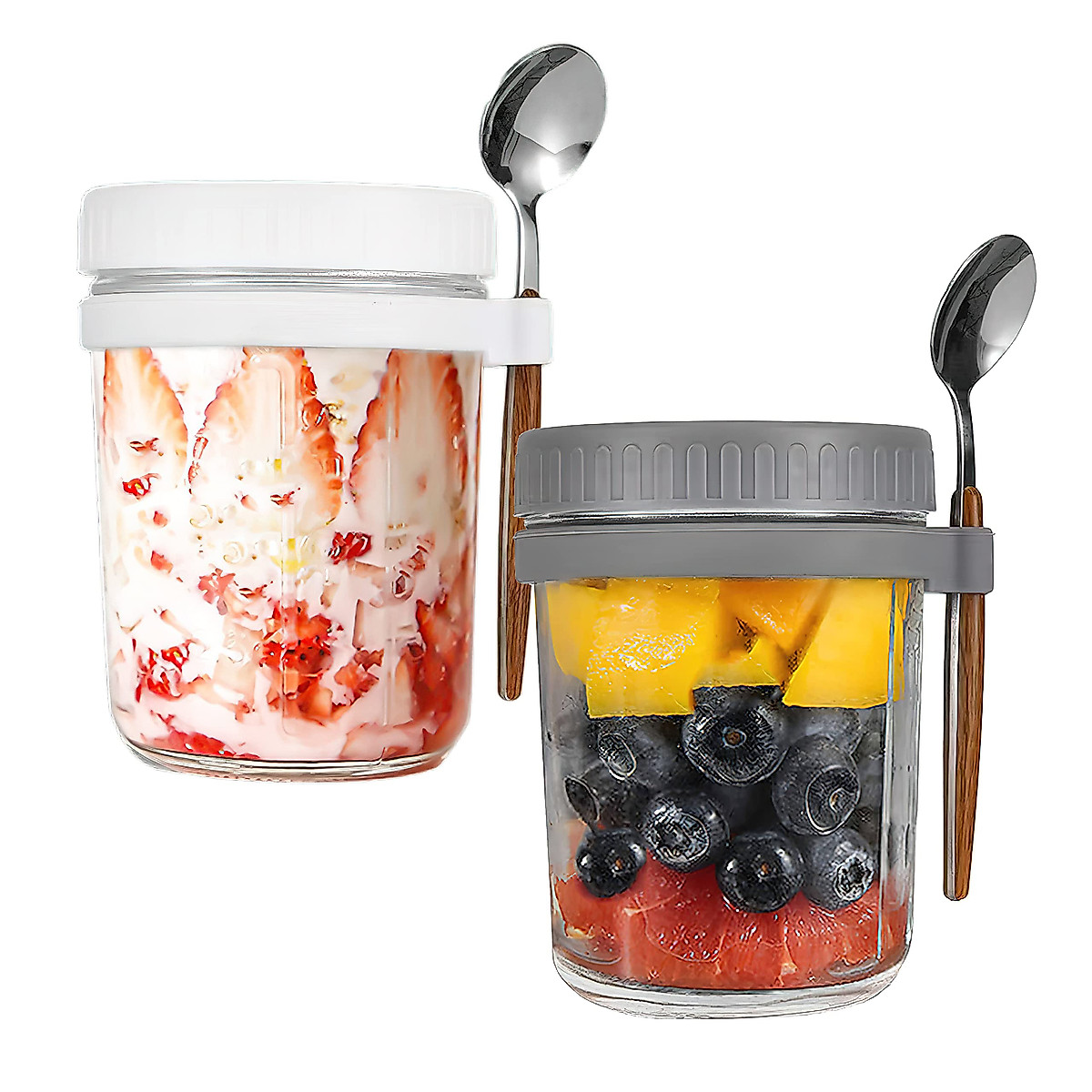 KISCVXE Overnight Oats Containers with Lids and Spoon,Overnight Oats Jars,10 Oz Cereal Dispenser,with Measurement Marks,Cereal, Milk, Vegetable Fruit Salad Storage Container 2PCS