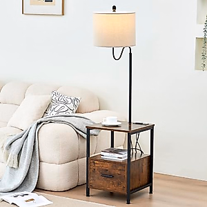 Topotdor Floor Lamp with Table, Wooden End Table Rustic Bedside Nightstand Lamp with Shelves for Living Room Bedroom Home Office, Brown