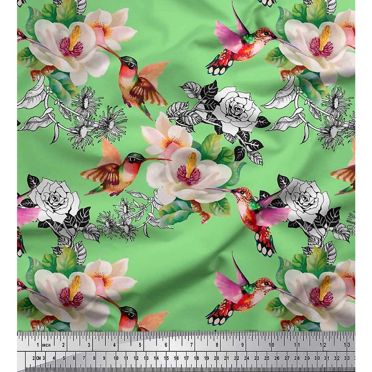 Soimoi Cotton Cambric Green Fabric - by The Yard - 42 Inch Wide - Hummingbird, Leaves & Flower Floral Textile - Playful and Delicate Fusion for Stylish Creations Printed Fabric