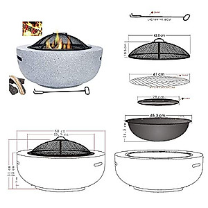 Wyxy Fire Pit Bowl for Garden and Terrace, Fire Pit with Grill, Camping Bowl with Poker, Mesh Cover, Grate with Mesh Cover