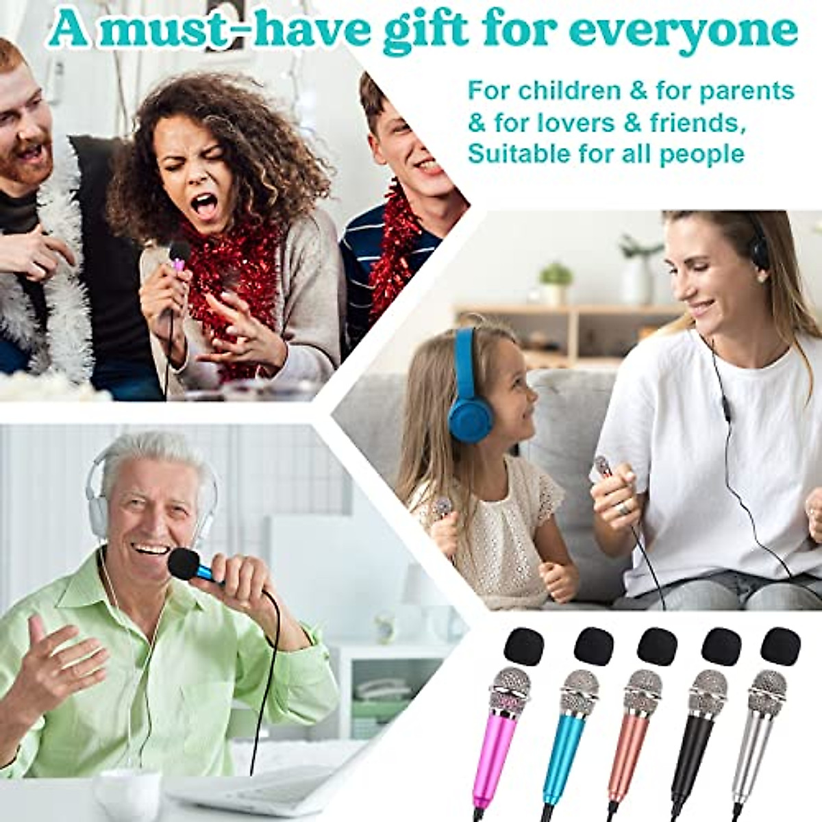 5-Piece Mini Microphone Tiny Microphone Mini Mic for Recording Voice and Singing on iPhone, Android Phones or Tablet, Metal, with 113 cm Cord, 3.5 mm Input (Rose red, Rose Gold, Silver, Blue, Black)