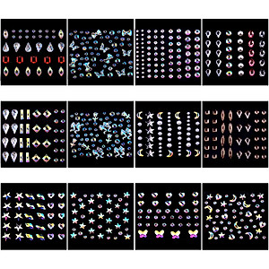 SIQUK 12 Sheets Face Jewels Rhinestones Face Gems Stick on Body Eye Nail Face Rhinestone Self Adhesive Face Crystal for Makeup Festival DIY Nail Art Decorations