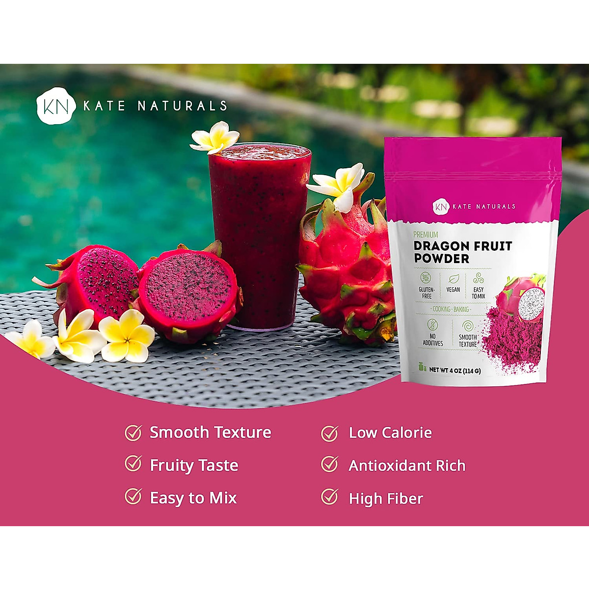 Kate Naturals Dragon Fruit Powder for Baking & Drink (4oz). Vegan, Gluten Free Dried Dragon Fruit Pink Pitaya Powder for Dragon Fruit Syrup. Dragonfruit Pitaya Powder for Smoothie & Food Coloring