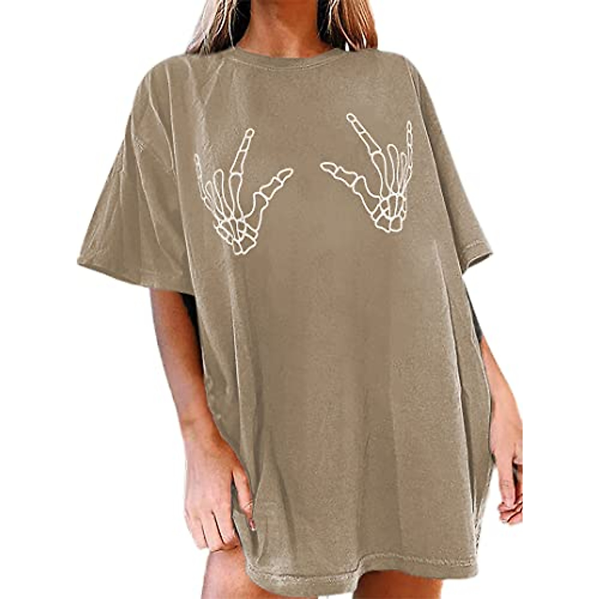 Avanova Women's Skull Graphic Print Oversized Tee Short Sleeve Casual Summer Loose T Shirt A Khaki Medium