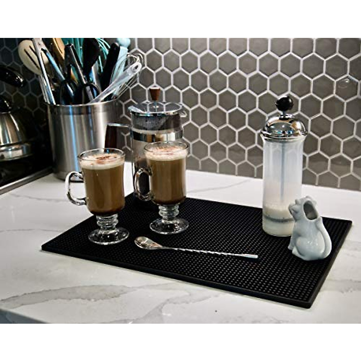 Highball & Chaser Bar Mat 18in x 12in, Thick Durable and Stylish Bar Mat for Spills. Non Slip, Non-Toxic, Service Mat for Coffee, Bars, Restaurants Counter Top (2 Pack, Black)